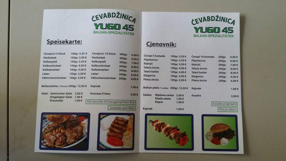 Menu at YUGO 45 BBQ, Offenbach
