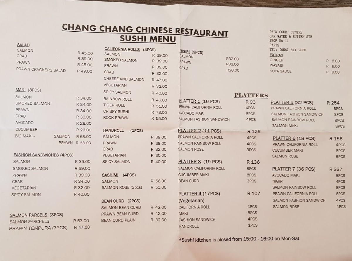 Menu at Chang Chang Chinese Restaurant., Parys