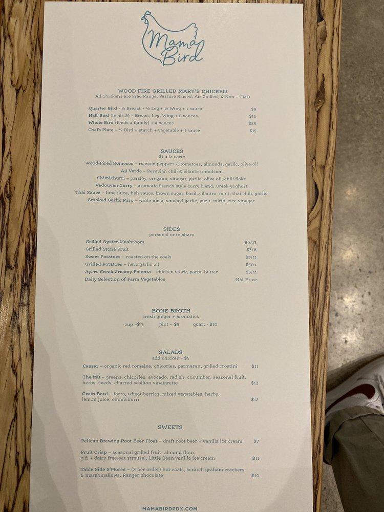 Menu at Mama Bird pub & bar, Portland