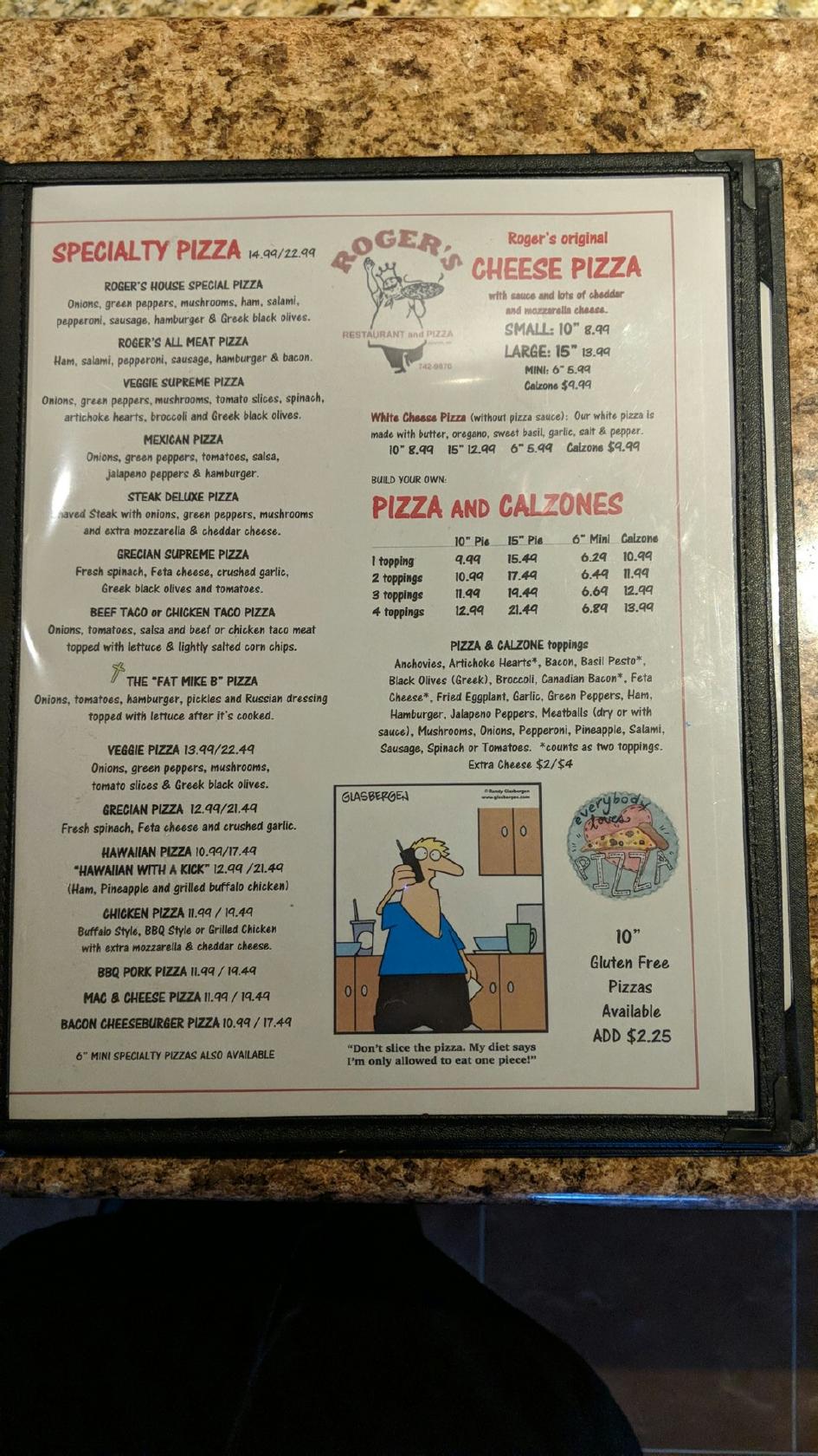 Menu at Roger's Pizza pizzeria, Dover, 869 Central Ave