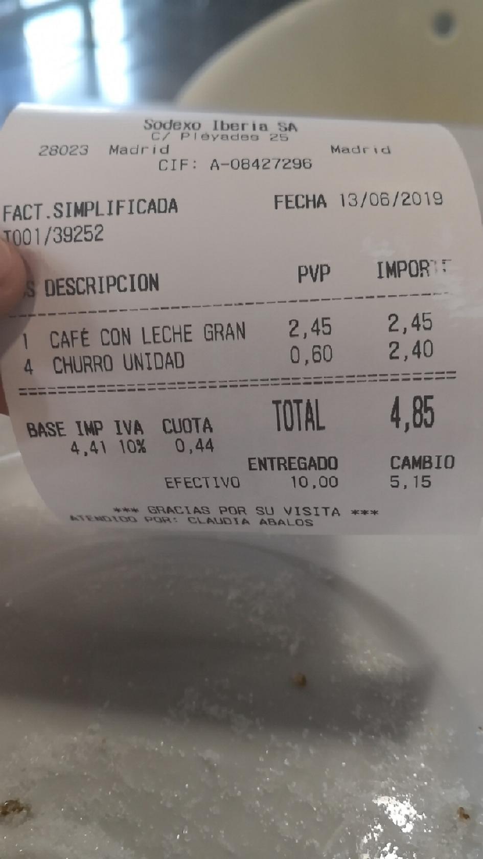 Menu at Sodexo restaurant, Madrid, Ronda de la Comunicación