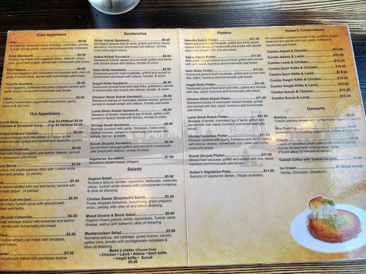 Menu at Sultan Kebab restaurant, Charlottesville, 333 2nd St SE