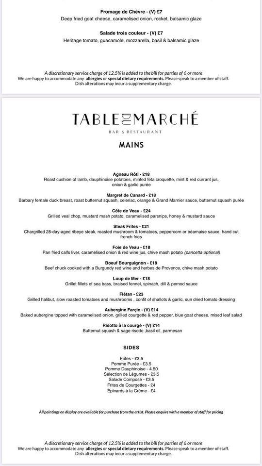 Menu at Table Du Marche restaurant, London