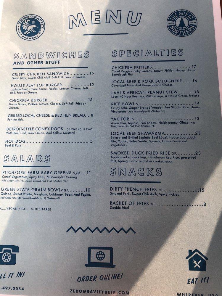Menu at Zero Gravity Brewery restaurant, Burlington, 716 Pine St