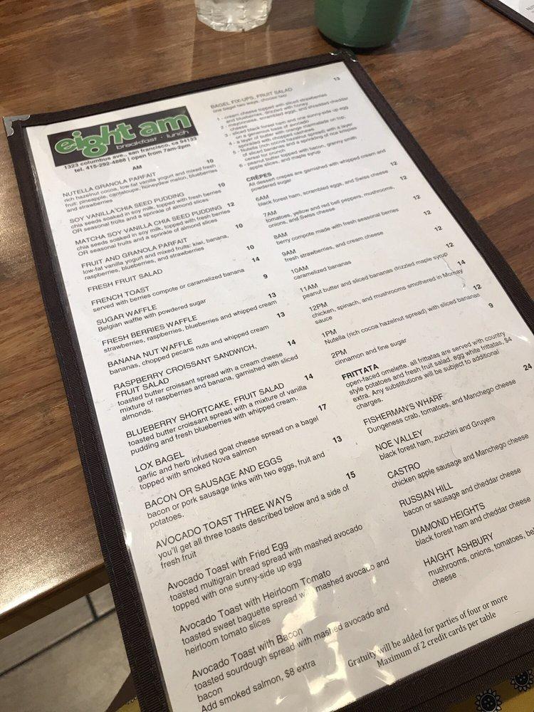 Menu at Eight AM Brunch restaurant, San Francisco