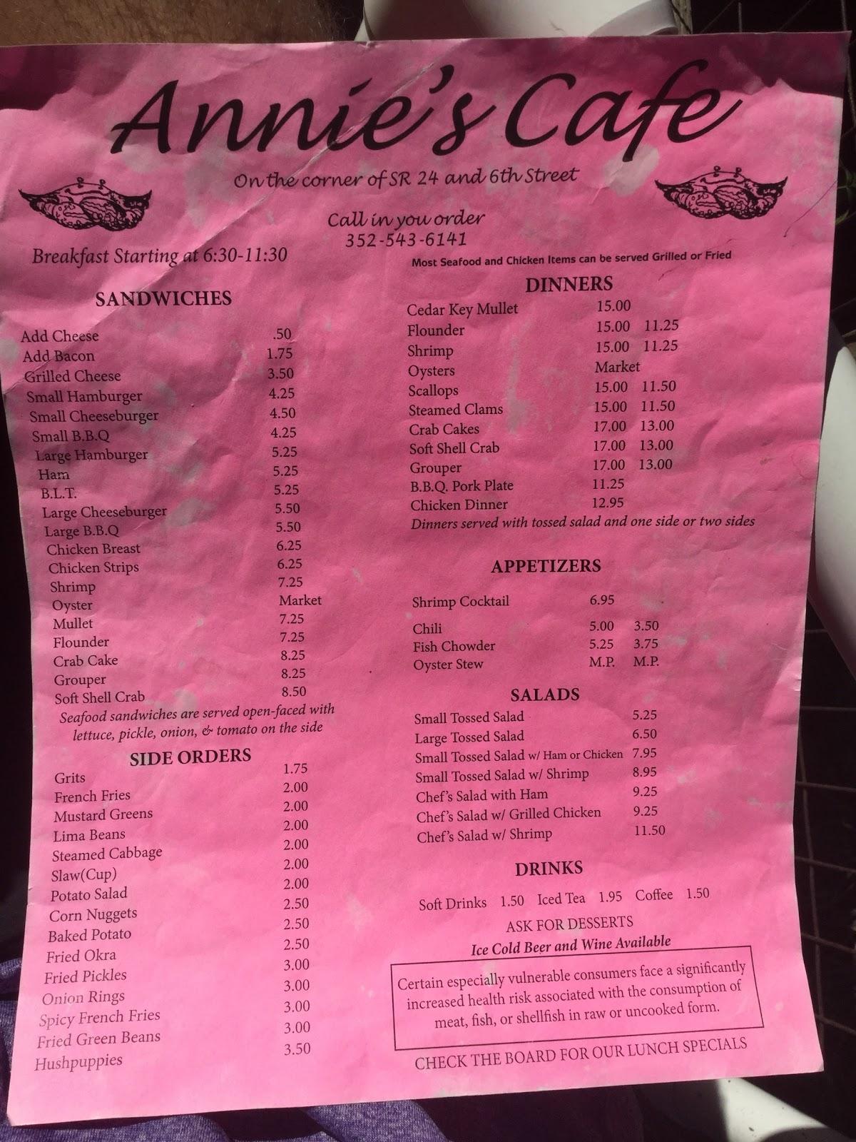 Menu at Annie's Cafe, Cedar Key
