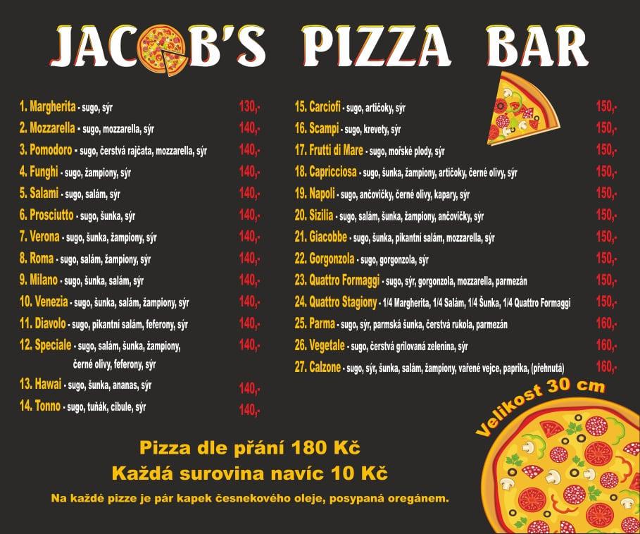Menu at Jacob’s Pizza Bar, Aš