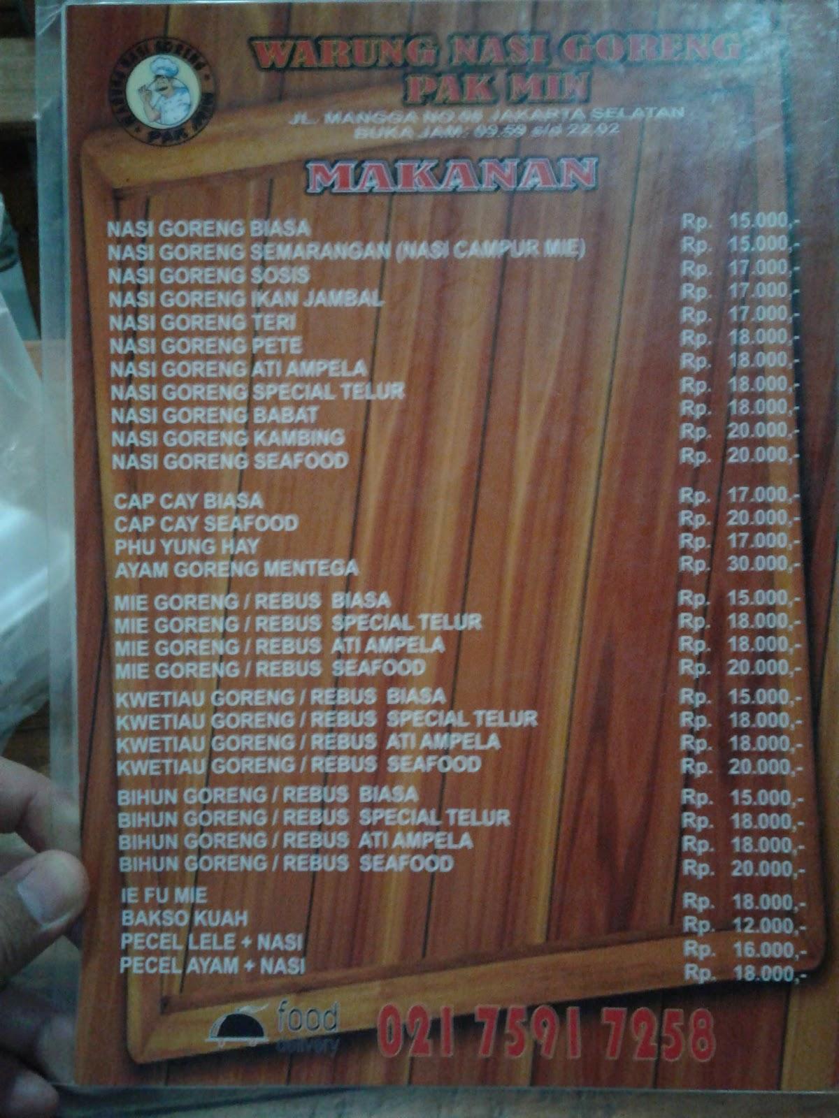 Menu at Nasi Goreng Pak Min restaurant, South Jakarta, Jl. Mangga No.8
