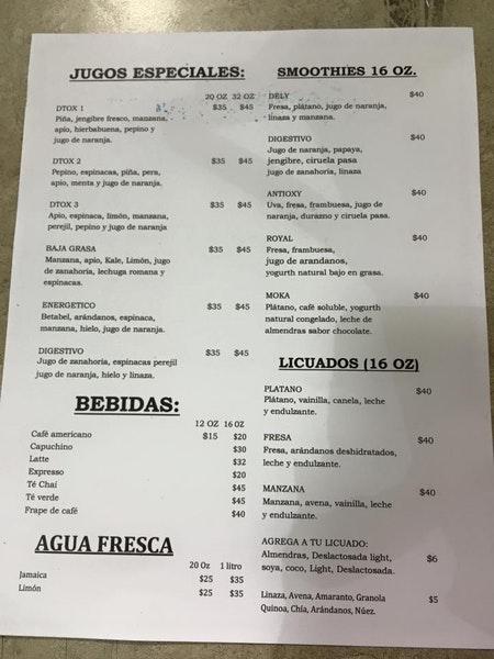 Menu at Señor Sano cafeteria, Monterrey