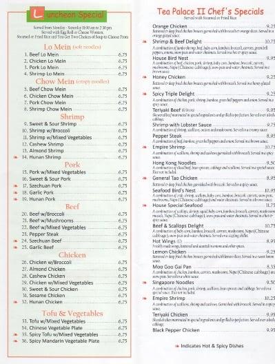 Menu at Tea Palace II restaurant, Pueblo, W 4th St