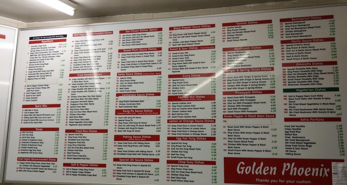 Menu at Golden Phoenix restaurant, Stockport