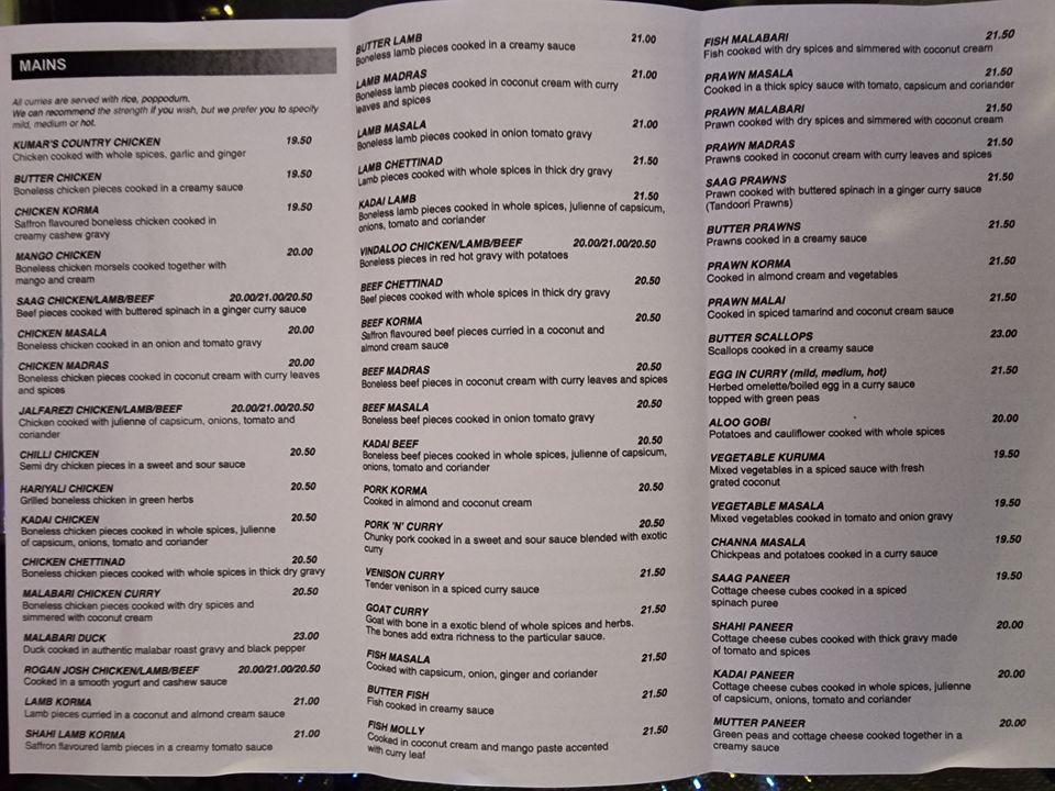 Menu at Kumar's Something Special restaurant, Paeroa