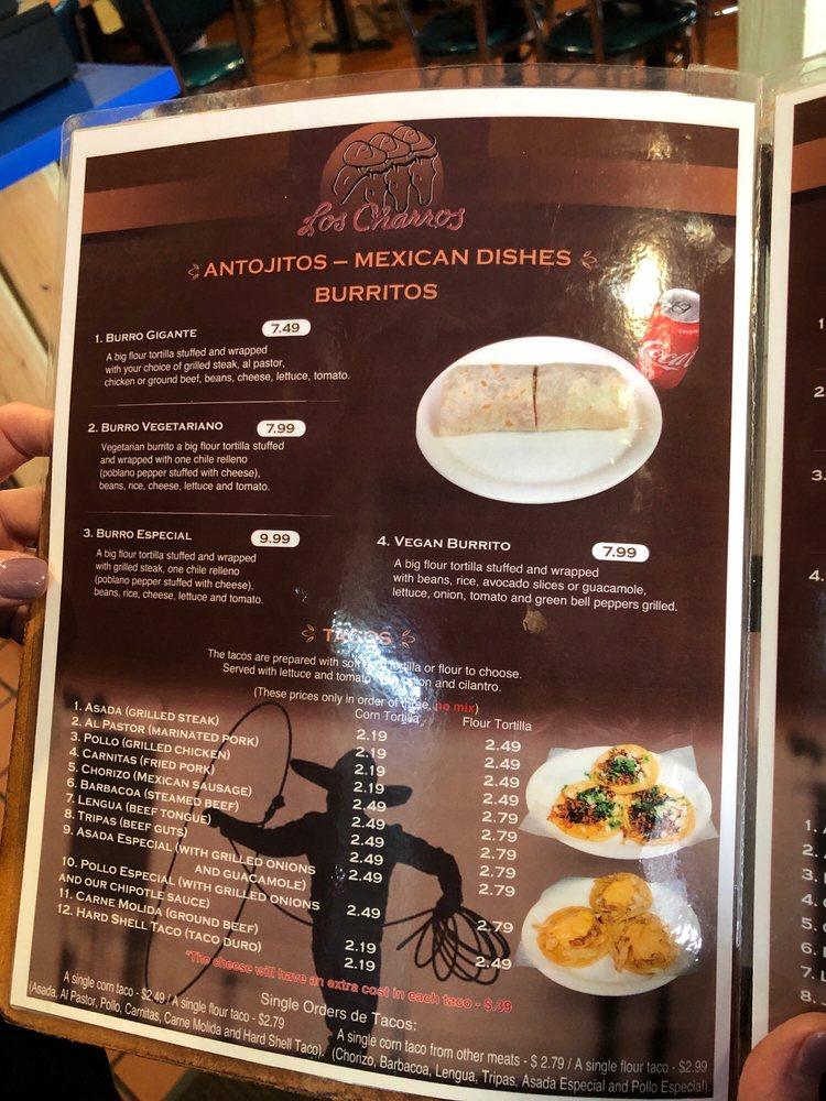 Menu at Los Charros restaurant, East Moline