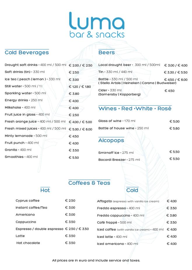 Speisekarte von Luma Bar Nissi Beach, Agia Napa