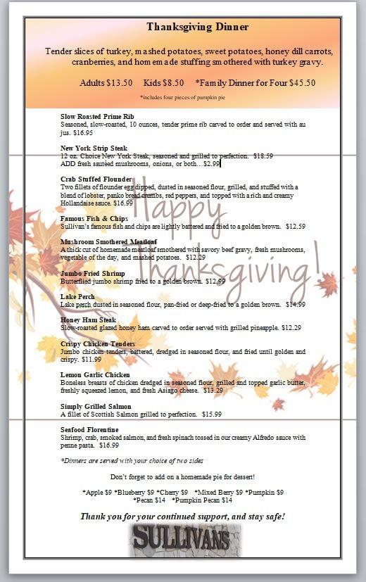Menu at Sullivan's Food & Spirits restaurant, Saginaw