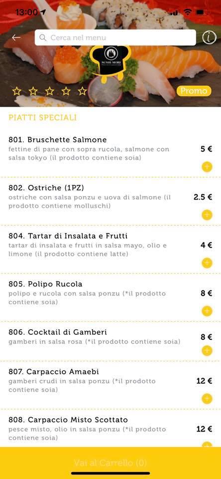 Menu at Sushi mori restaurant, Turin