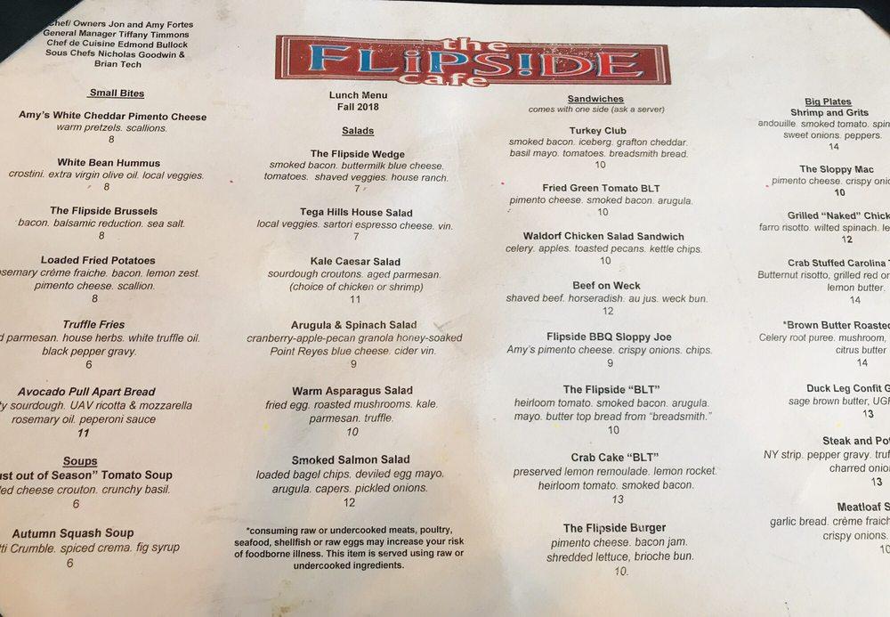 Menu at The Flipside Cafe, Fort Mill