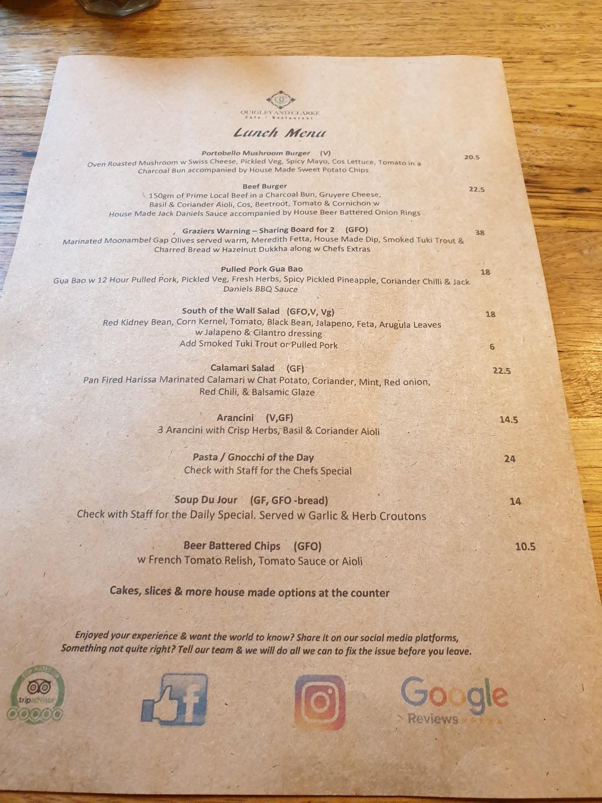 Menu at Criterion Clunes restaurant, Clunes
