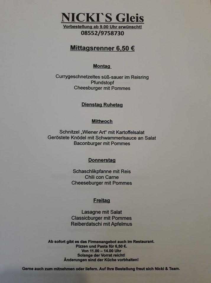 Speisekarte von Nickis Gleis restaurant, Grafenau