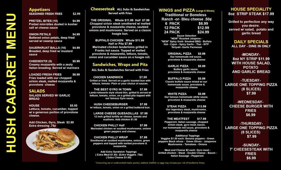 Menu at Hush Cabaret, Akron