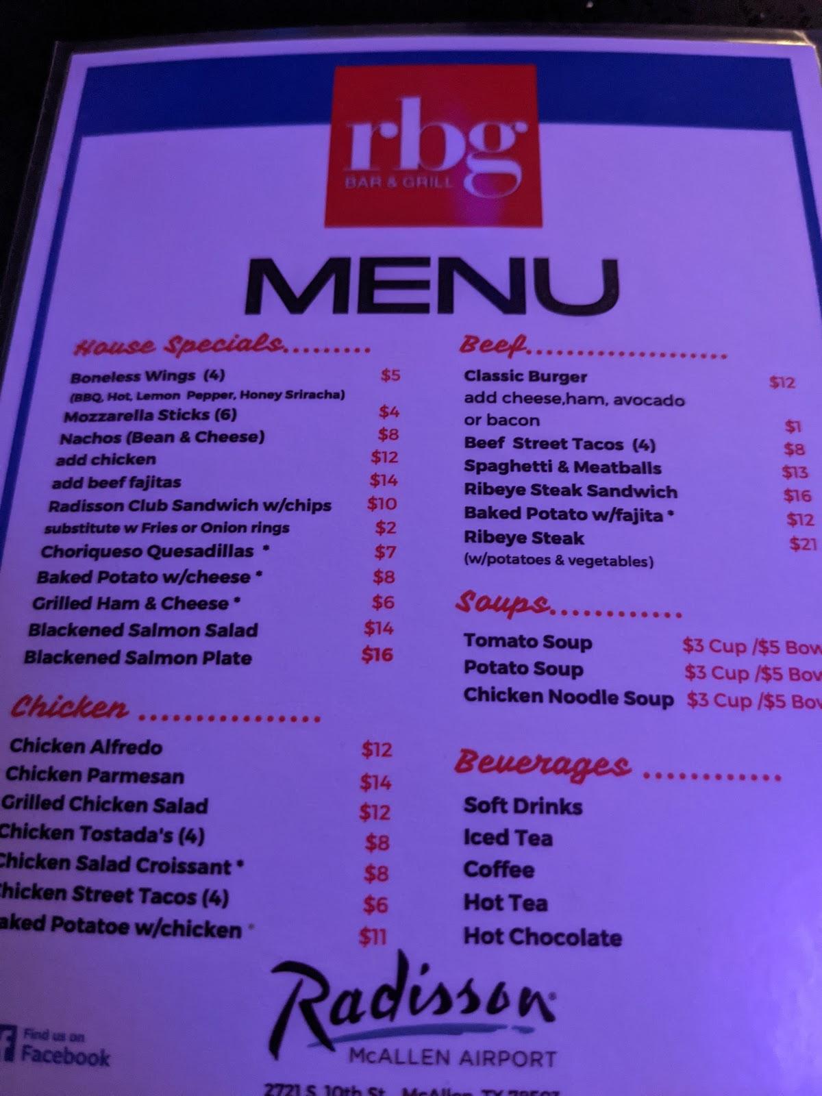 Menu at RBG (Radisson Bar & Grill), McAllen