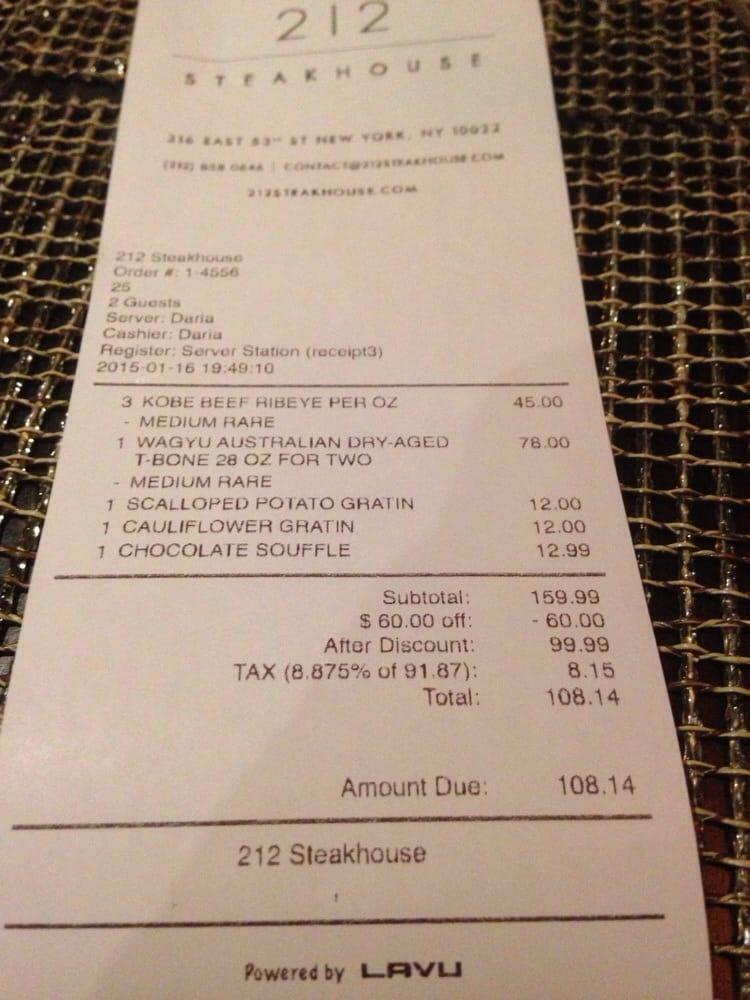 Menu at 212 Steakhouse, West New York