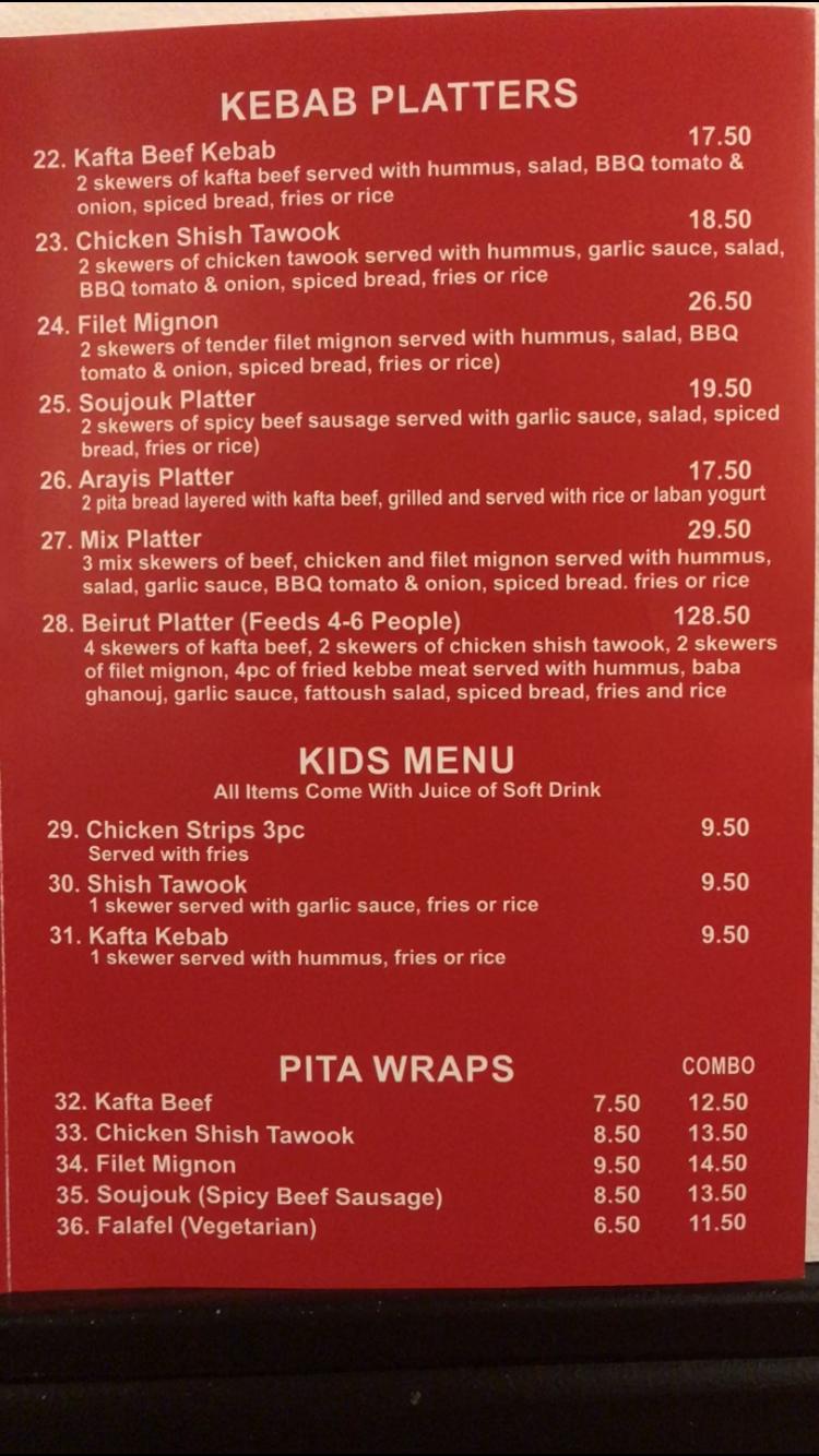 Menu at Beirut Restaurant, Windsor