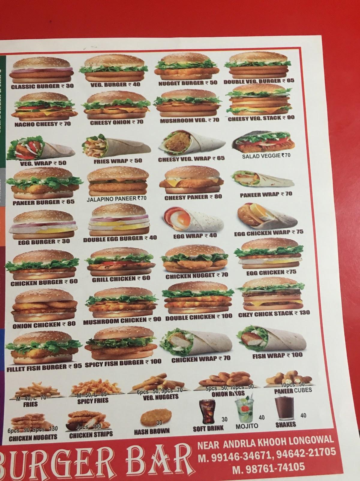 Menu at Burger Bar, Longowal