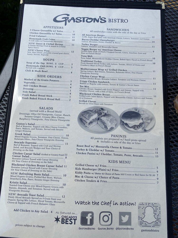 Menu at Gaston's Bistro restaurant, Orland Park