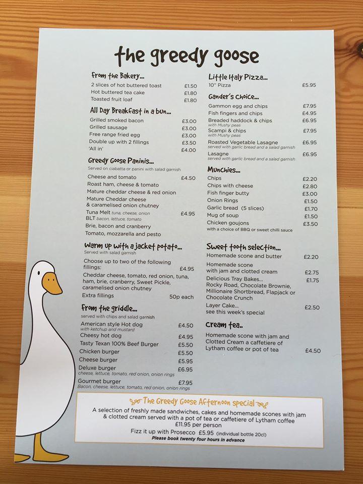 Menu at Greedy Goose at Blackpool Wake Park restaurant, Weeton-with-Preese