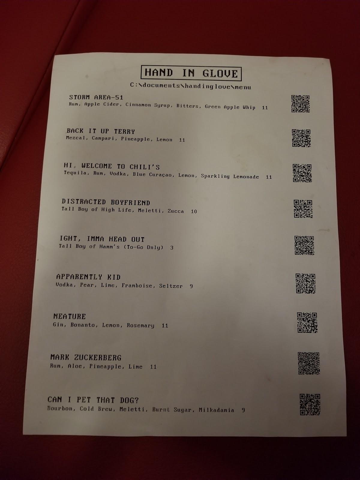 Menu at Hand in Glove pub & bar, Lee's Summit