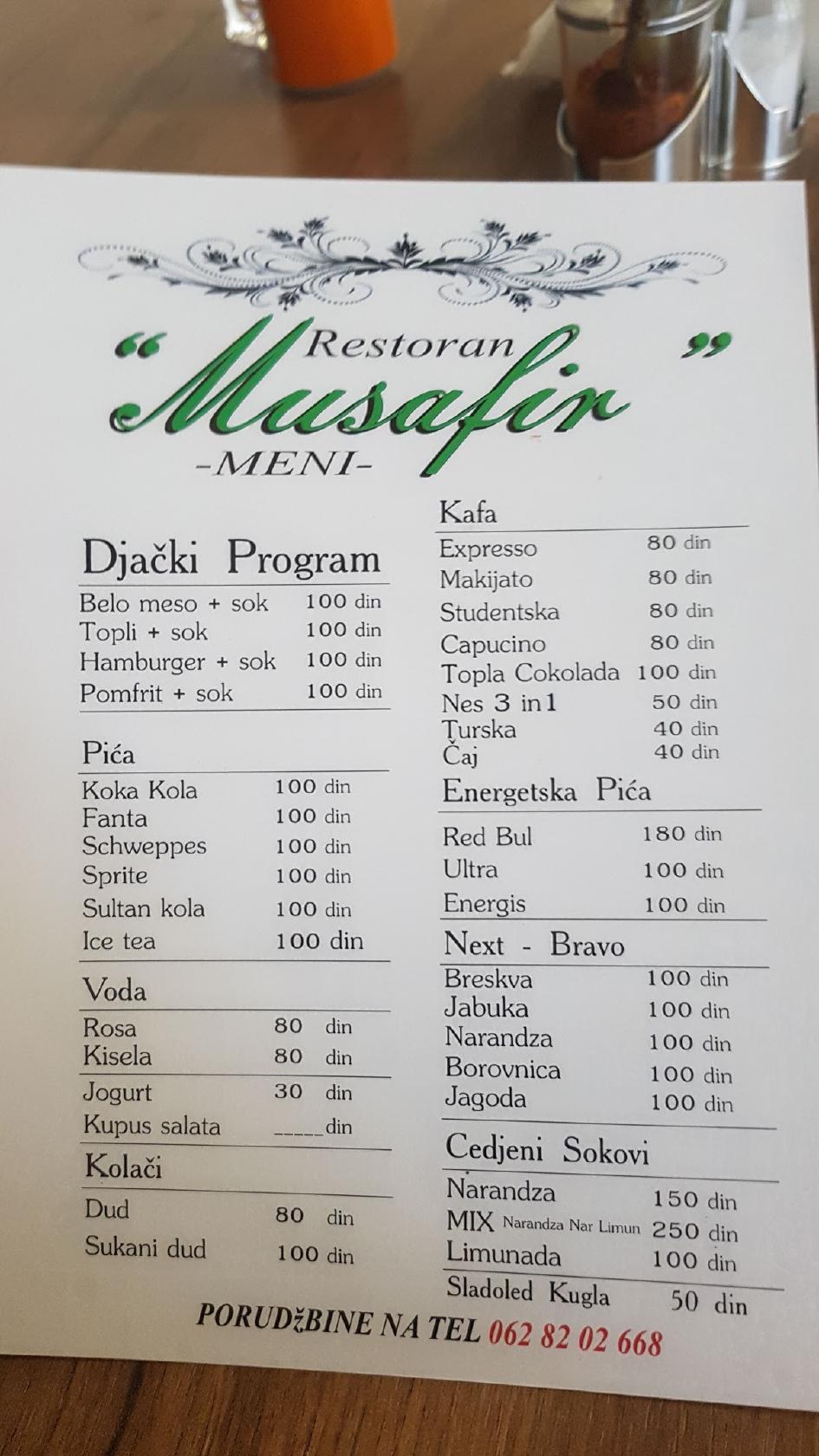 Menu at MUSAFIR restaurant, Ivanča