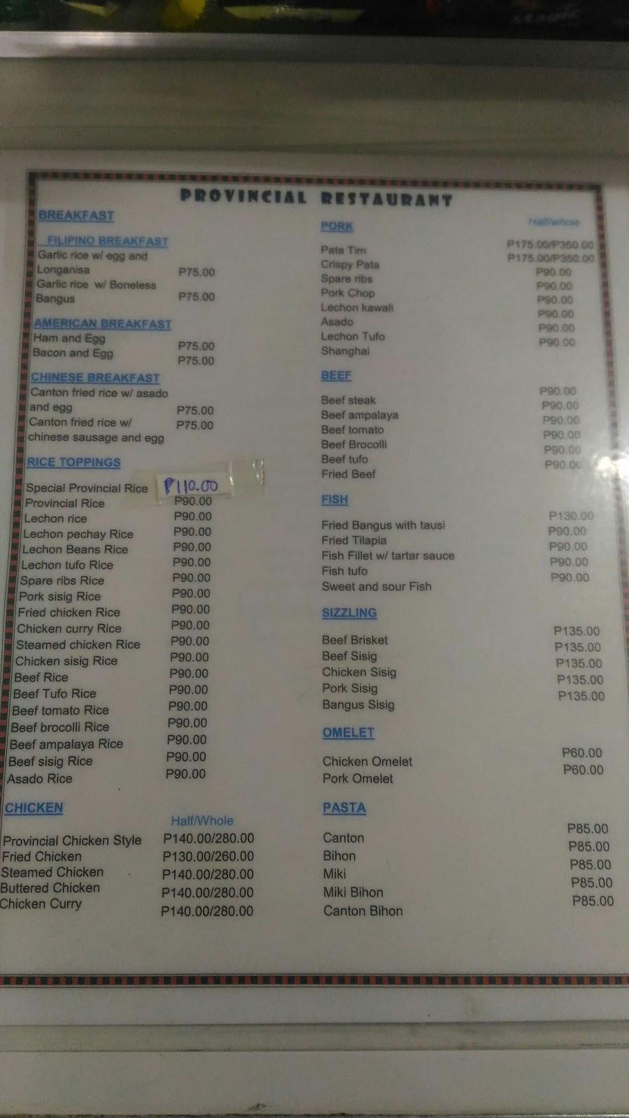 Menu at PROVINCIAL RESTAURANT, La Trinidad