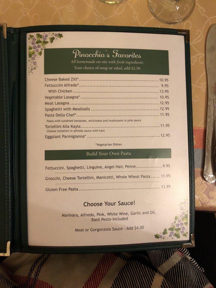 Menu at Pinocchio's Italian Restaurant., Spencer
