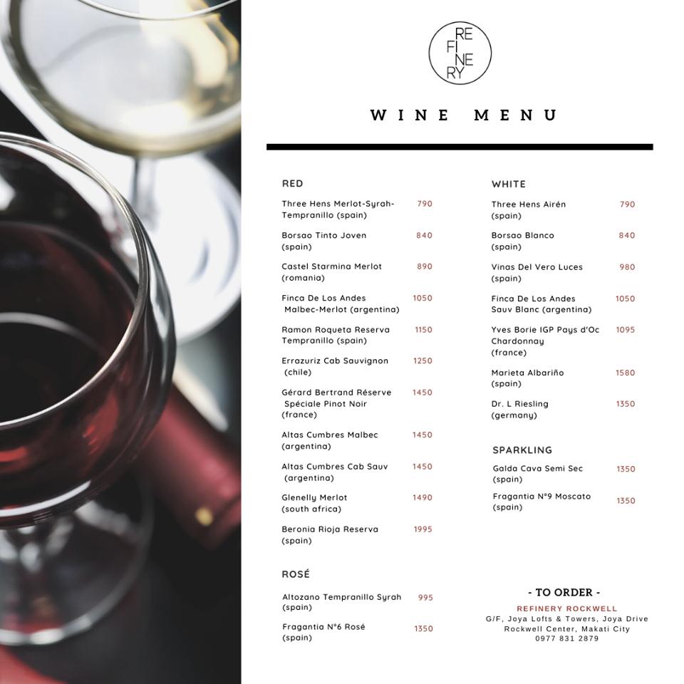 Menu at Refinery cafe, Makati, Joya Tower