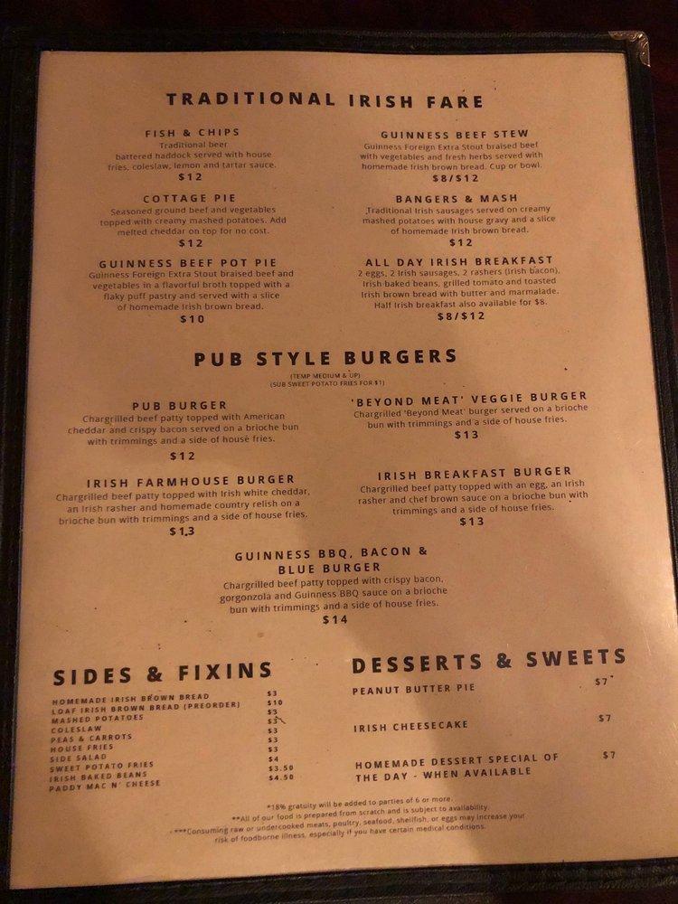 Menu at The Cottage Irish Pub, Melbourne