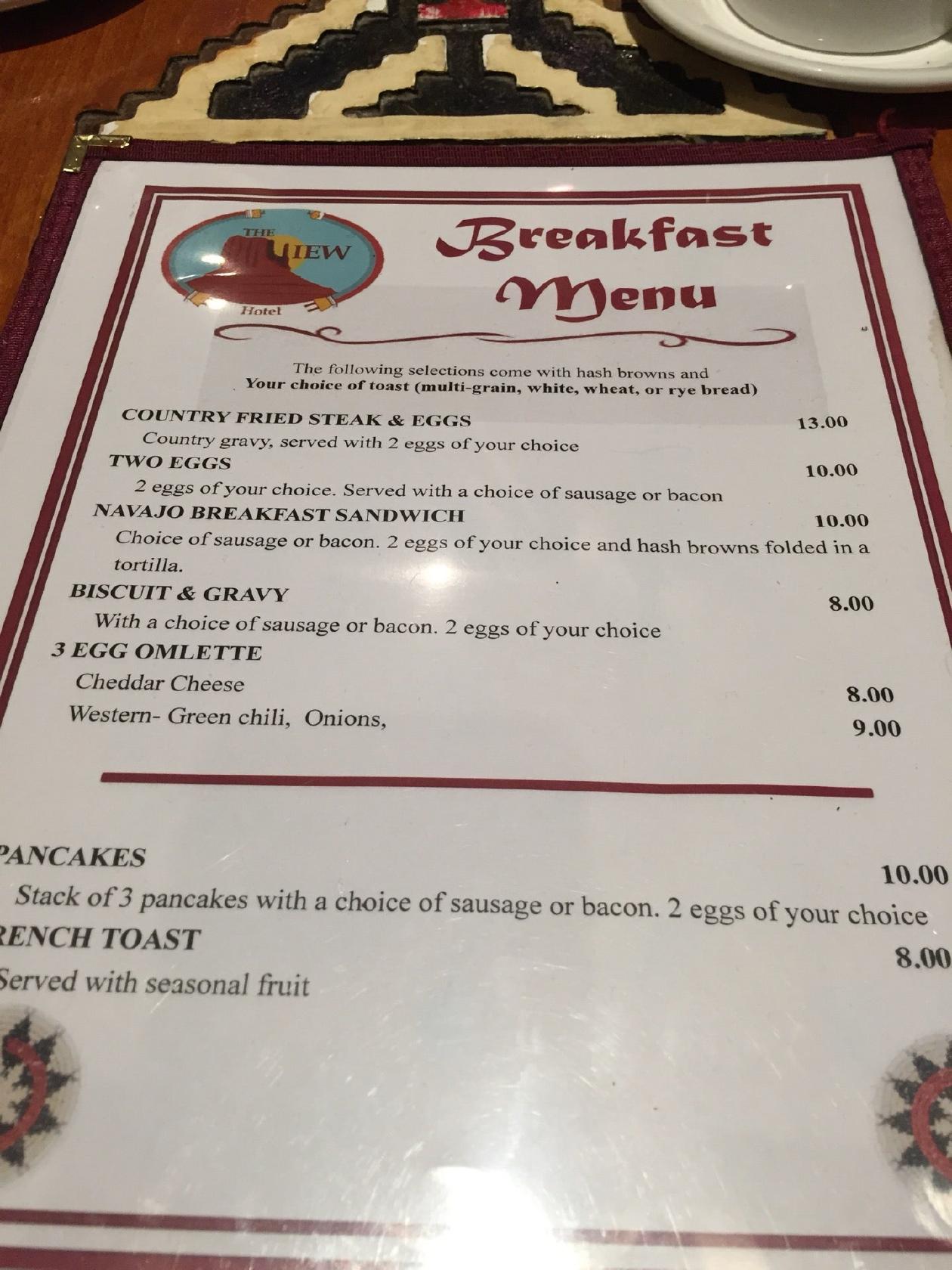 Menu at The View Restaurant, Oljato-Monument Valley