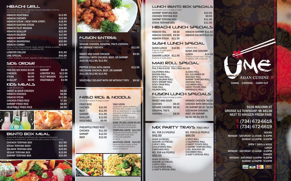 Menu at Ume Asian Cuisine restaurant, Grosse Ile Township