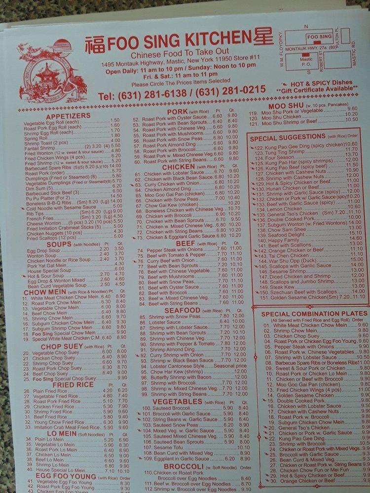 Carta del restaurante Foo Sing Kitchen, Mastic