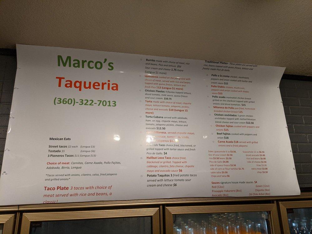 Menu at Marco's Taqueria restaurant, Granite Falls