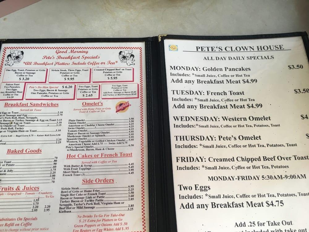 Carta del restaurante Pete's Clown House, Filadelfia