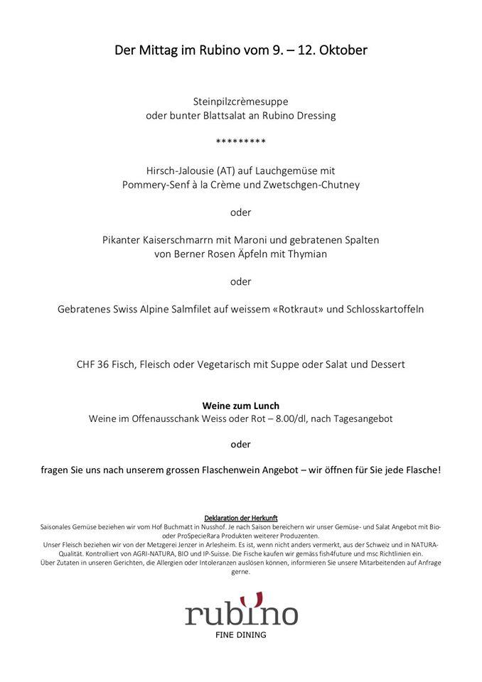 Menu at Rubino, Basel
