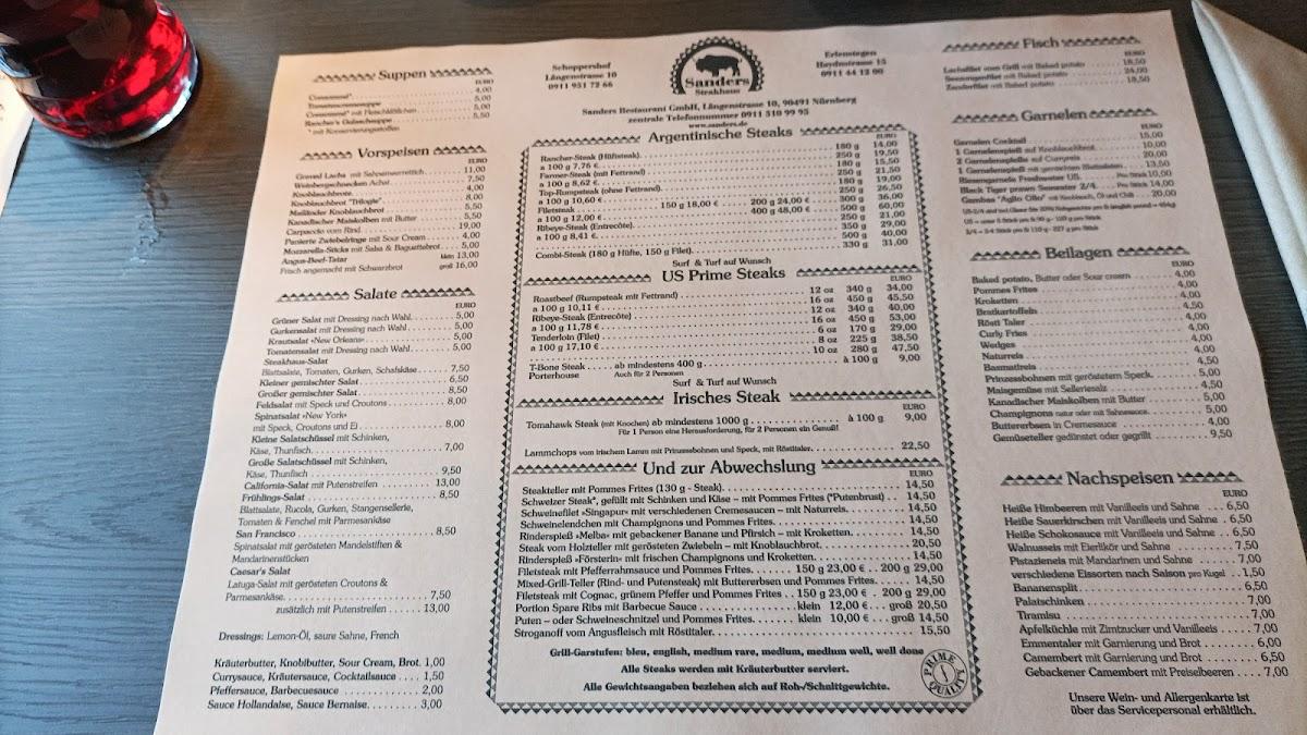 Menu at Sanders Steakhaus, Nuremberg, Haydnstraße 15