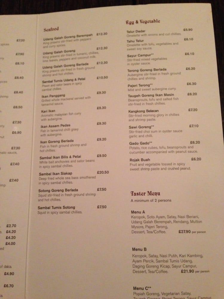 Menu at Satay House Malaysian Restaurant, London