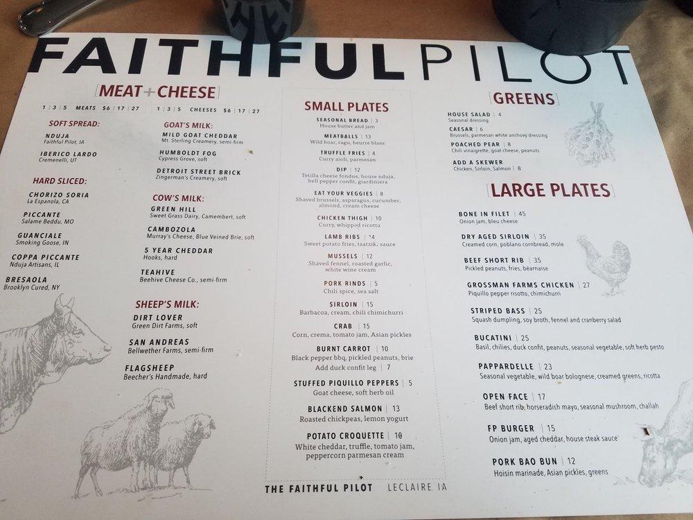 Menu at The Faithful Pilot Kitchen and Bar, Le Claire