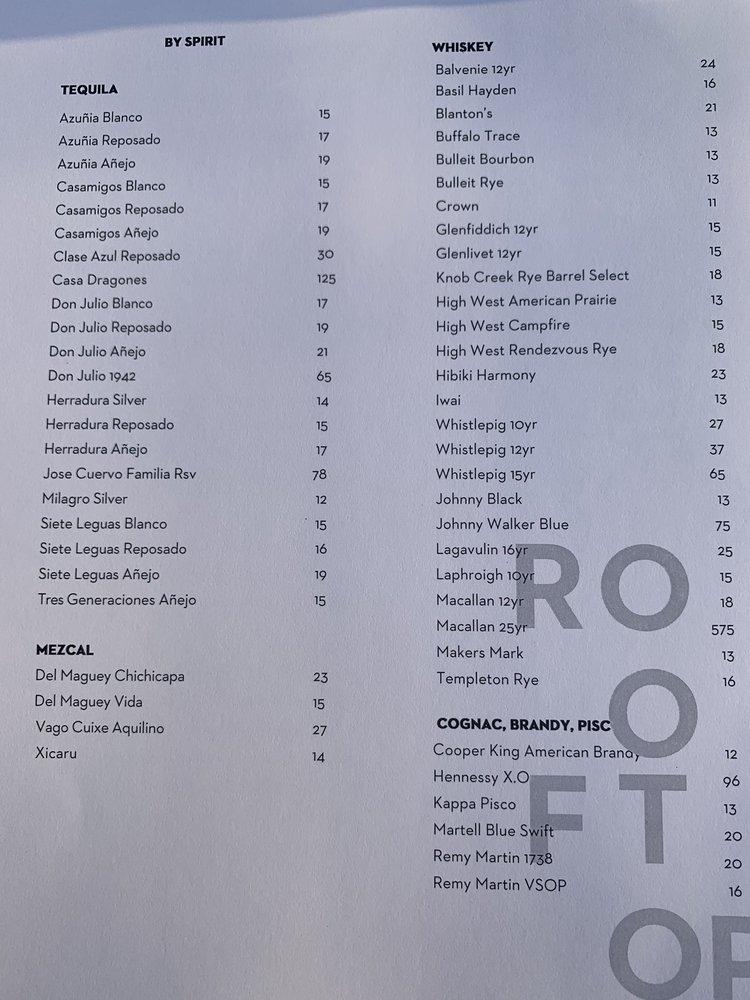 Carta del pub y bar The Rooftop at The Wayfarer Downtown LA, Los Angeles
