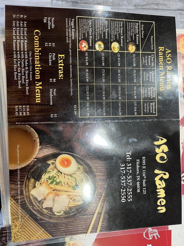 Menu at Aso Ramen restaurant, Fishers