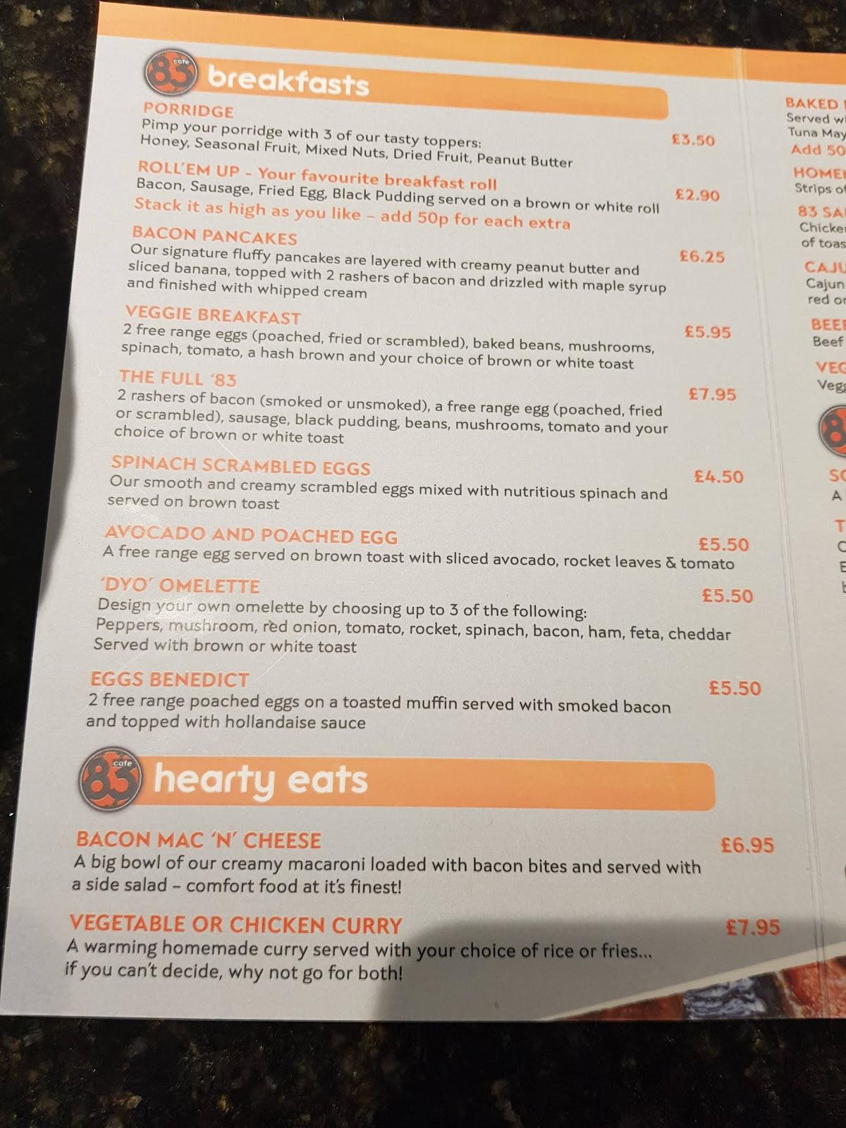 Menu at Cafe 83, Kemnay