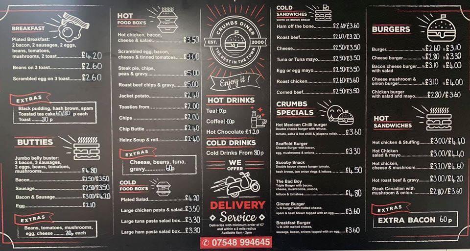 Menu at Crumbs Diner cafe, Mexborough