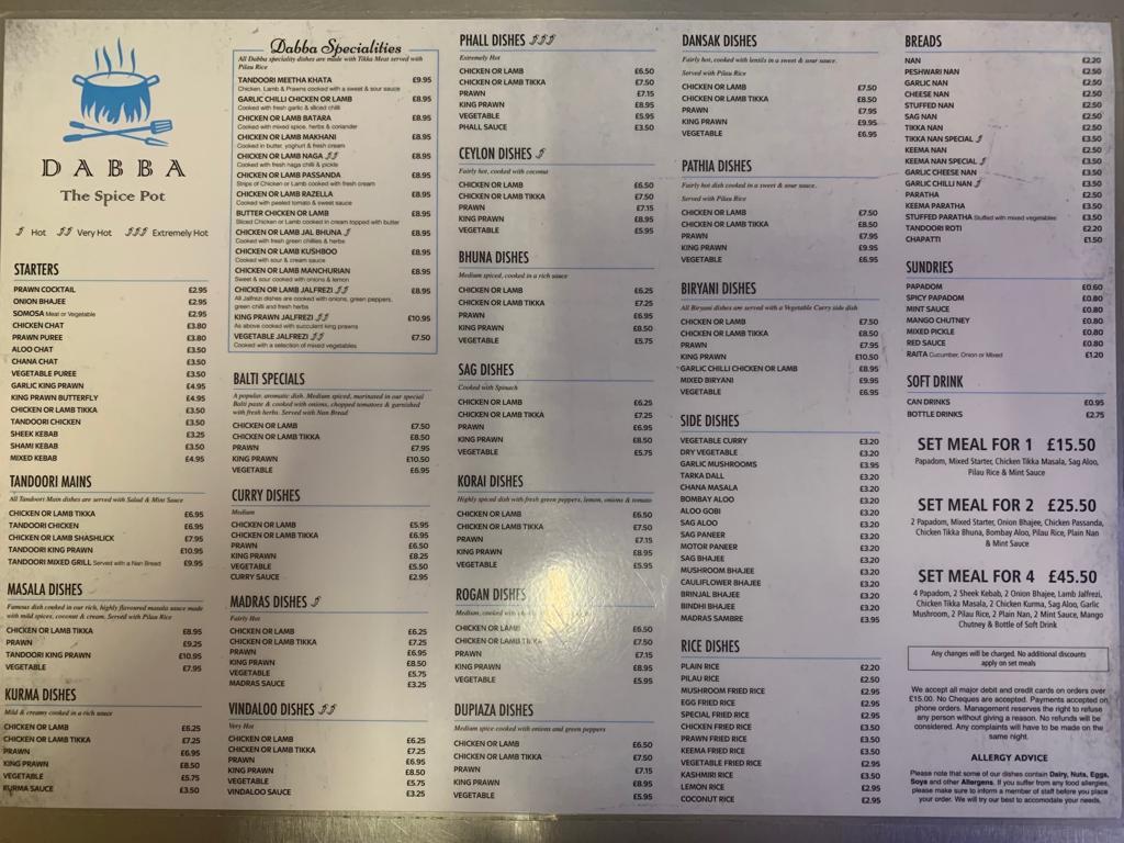 Menu at Dabba - The Spice Pot restaurant, Hythe